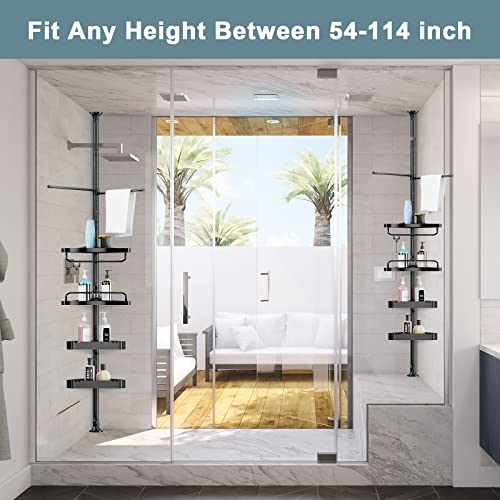 Corner Shower Caddy Tension Pole - Shower Organizer Tension Pole with 4 Shelves,Rust Resistant Stand Tension Rod Shower Caddy for Bathtub,Bathroom,RV,Kitchen Storage - Black,54-114” Adjustable
