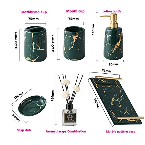 BREFIO Soap Dispenser Set,Contains Toothbrush Cup, Tray, Mouthwash Cup,Aromatherapy Combination ,soap Dish,7 Piece Ark Green Ceramics Soap Dispenser Set,Bath Accessories Set,Set in Marble Look, Whit