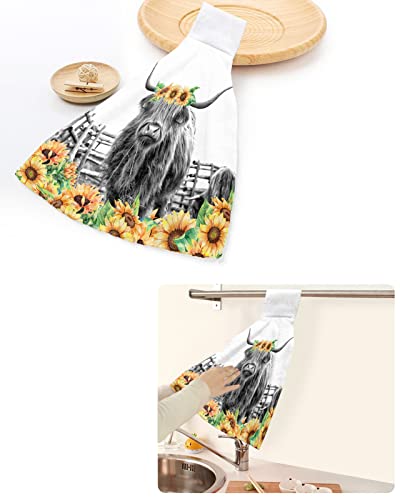 2PCS Hand Tie Towels for Bathroom Kitchen-Farm Highland Cow Sunflowers Decor Hanging Towel Tea Bar Dish Cloth Soft Coral Fleece Absorbent Washcloth,Black White Animals