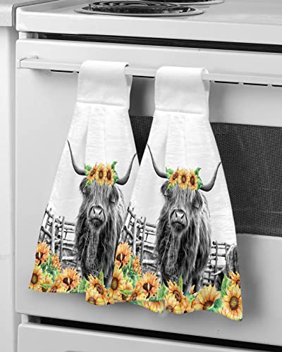 2PCS Hand Tie Towels for Bathroom Kitchen-Farm Highland Cow Sunflowers Decor Hanging Towel Tea Bar Dish Cloth Soft Coral Fleece Absorbent Washcloth,Black White Animals