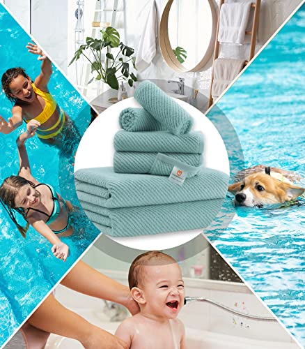 Towels for Bathroom,6 Pieces Gift Set,100% Cotton | Large | Soft | Quick Dry, 2 Bath towels 30×56inch, 2 Hand towels 18×28, 2 Wash Cloths 13×13,Dorm Bathroom Essentials, Teal | Aqua | Blue