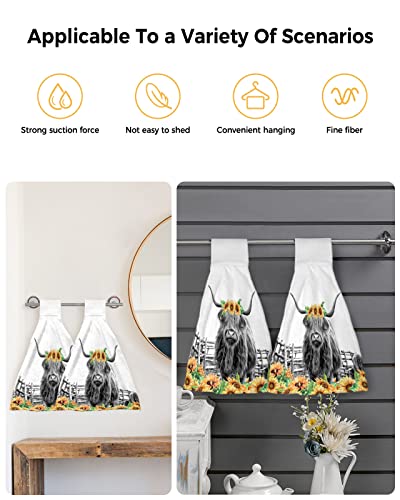 2PCS Hand Tie Towels for Bathroom Kitchen-Farm Highland Cow Sunflowers Decor Hanging Towel Tea Bar Dish Cloth Soft Coral Fleece Absorbent Washcloth,Black White Animals