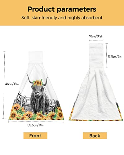 2PCS Hand Tie Towels for Bathroom Kitchen-Farm Highland Cow Sunflowers Decor Hanging Towel Tea Bar Dish Cloth Soft Coral Fleece Absorbent Washcloth,Black White Animals