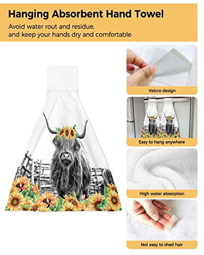 2PCS Hand Tie Towels for Bathroom Kitchen-Farm Highland Cow Sunflowers Decor Hanging Towel Tea Bar Dish Cloth Soft Coral Fleece Absorbent Washcloth,Black White Animals