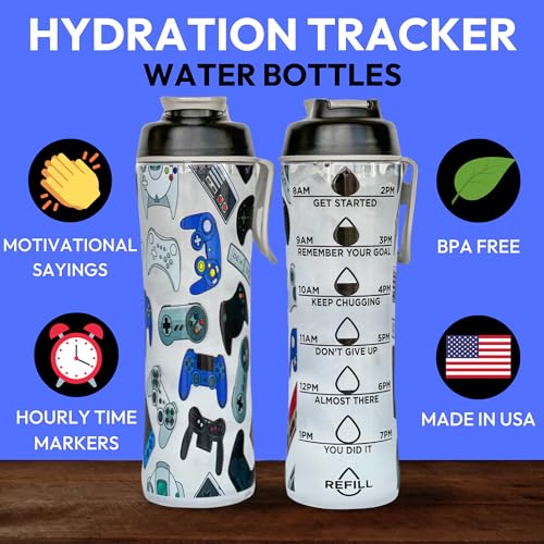 24oz Kids Tritan Water Bottle – Video Game Gamer Theme – BPA-Free, Shatterproof, Lightweight with Hourly Time Markings – Chug Cap & Carry Loop – Reusable for School, Sports & Daily Hydration