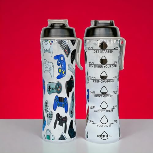 24oz Kids Tritan Water Bottle – Video Game Gamer Theme – BPA-Free, Shatterproof, Lightweight with Hourly Time Markings – Chug Cap & Carry Loop – Reusable for School, Sports & Daily Hydration