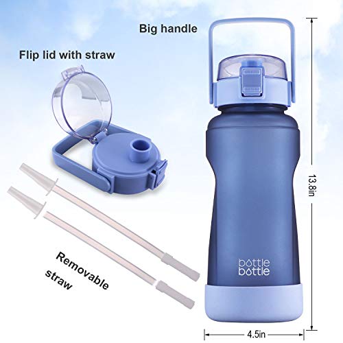 BOTTLE BOTTLE 64 OZ Gallon Motivational Water Bottle with Time Marker and Straw Protective Silicone Boot Workout Leak-proof Bottle for Adults and Kids Half Gallon Water Jug (blue)
