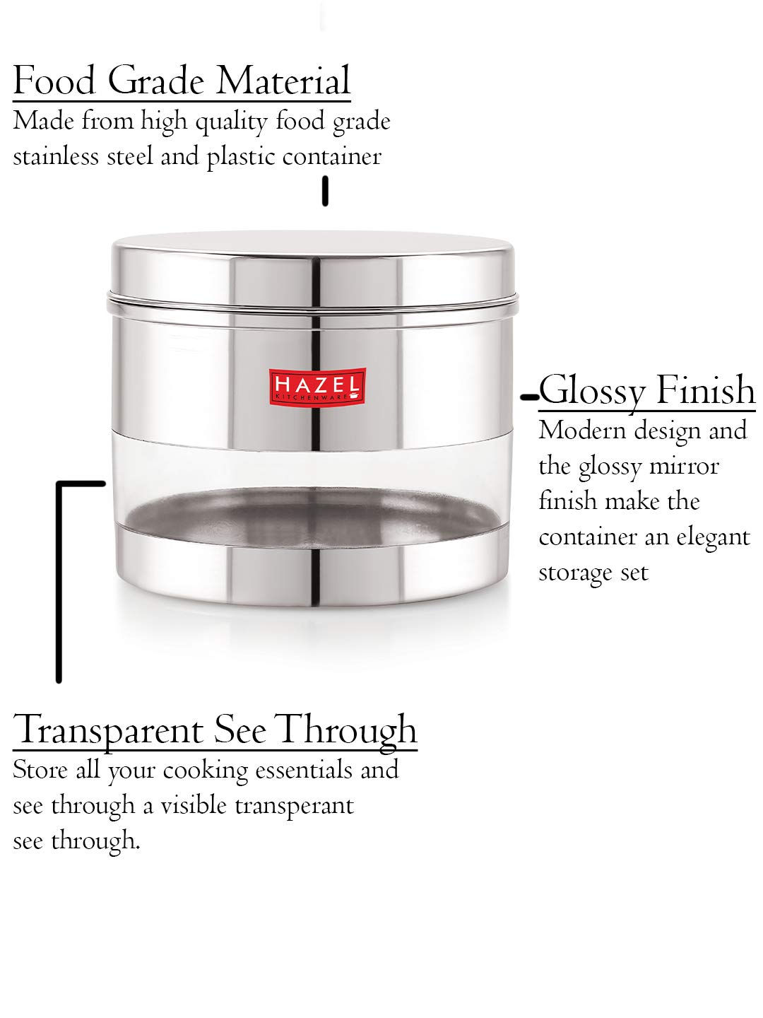HAZEL Stainless Steel Containers Set For Kitchen Storage Glossy Finish Transparent See Through Storage Jars Dabba, Set of 2, 1500 ML Each, Silver