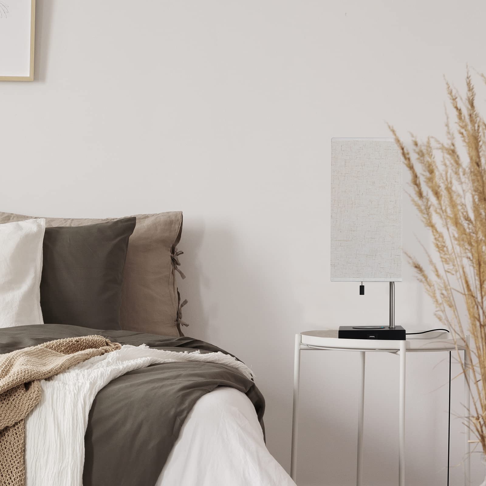 JS NOVA JUNS Table Lamp with USB Port, Wireless Charging Bedside Lamp with Flaxen Fabric Shade, Modern Nightstand Lamp Perfect for Bedroom, Living Room, Study Room, Office