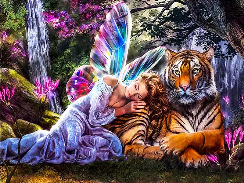 Mingming Diamond Painting Fairy and Tiger Angel DIY 5D Full Drill Round for Beginners Fantasy Forest Art Kit Crafts Adults Kits Accessories Dot Paint Gem Numbers 12X16in
