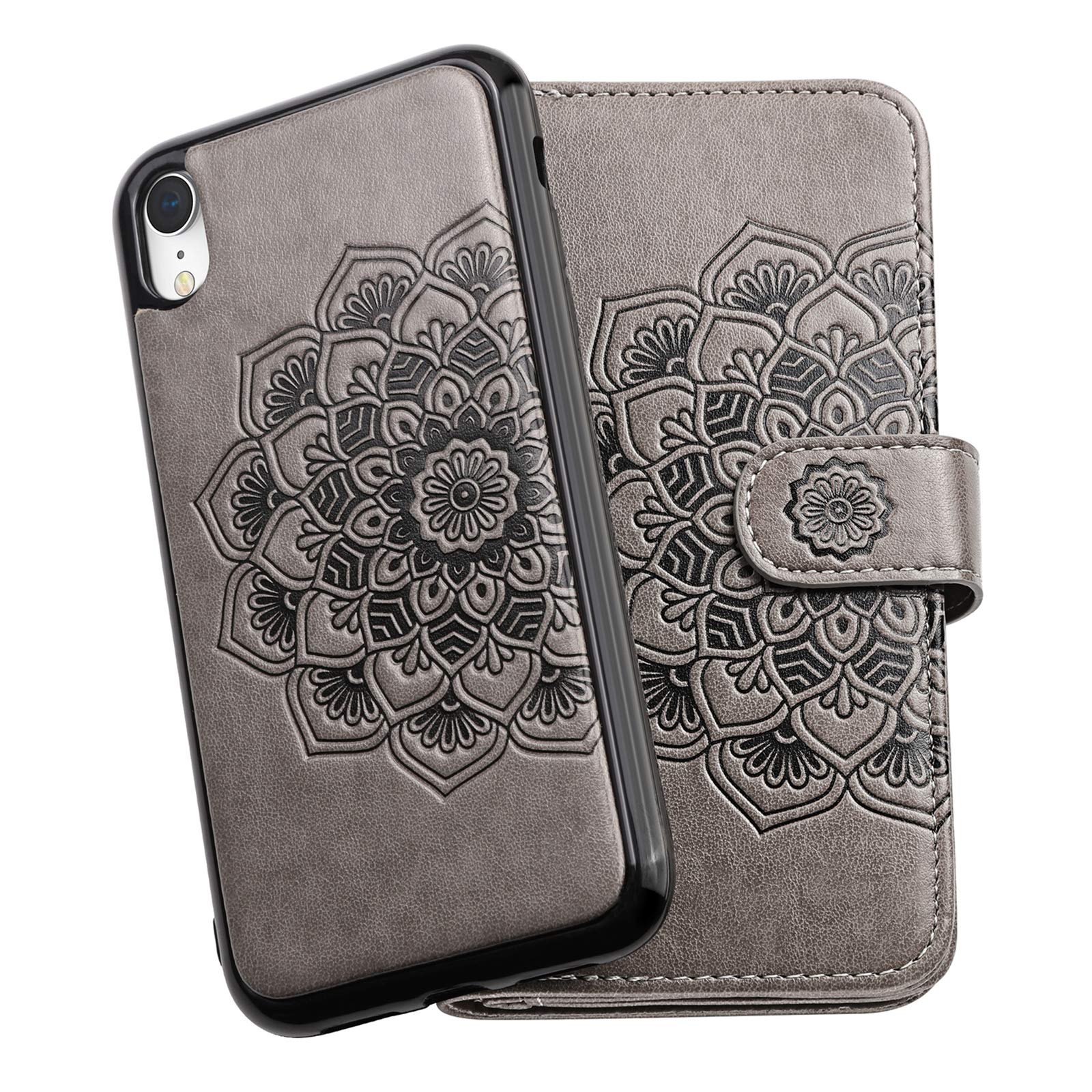 Vofolen Case for iPhone XR Case Wallet Card Holder Leather PU Flip Cover Folio Detachable Magnetic Slim Shell Dual Layer Heavy Duty Protective Bumper Armor Wristband for iPhone XR 10R Mandala Grey