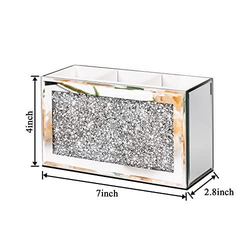 SHYFOY Mirrored Makeup Brush Holder Organizer, 3 Slot Glass Cosmetics Brushes Storage Holders with Crystal Crushed Diamond, Cute Pen and Pencil Holder for Desk, Eyeliners Display Case for Vanity