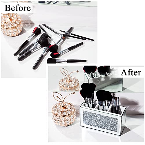 SHYFOY Mirrored Makeup Brush Holder Organizer, 3 Slot Glass Cosmetics Brushes Storage Holders with Crystal Crushed Diamond, Cute Pen and Pencil Holder for Desk, Eyeliners Display Case for Vanity