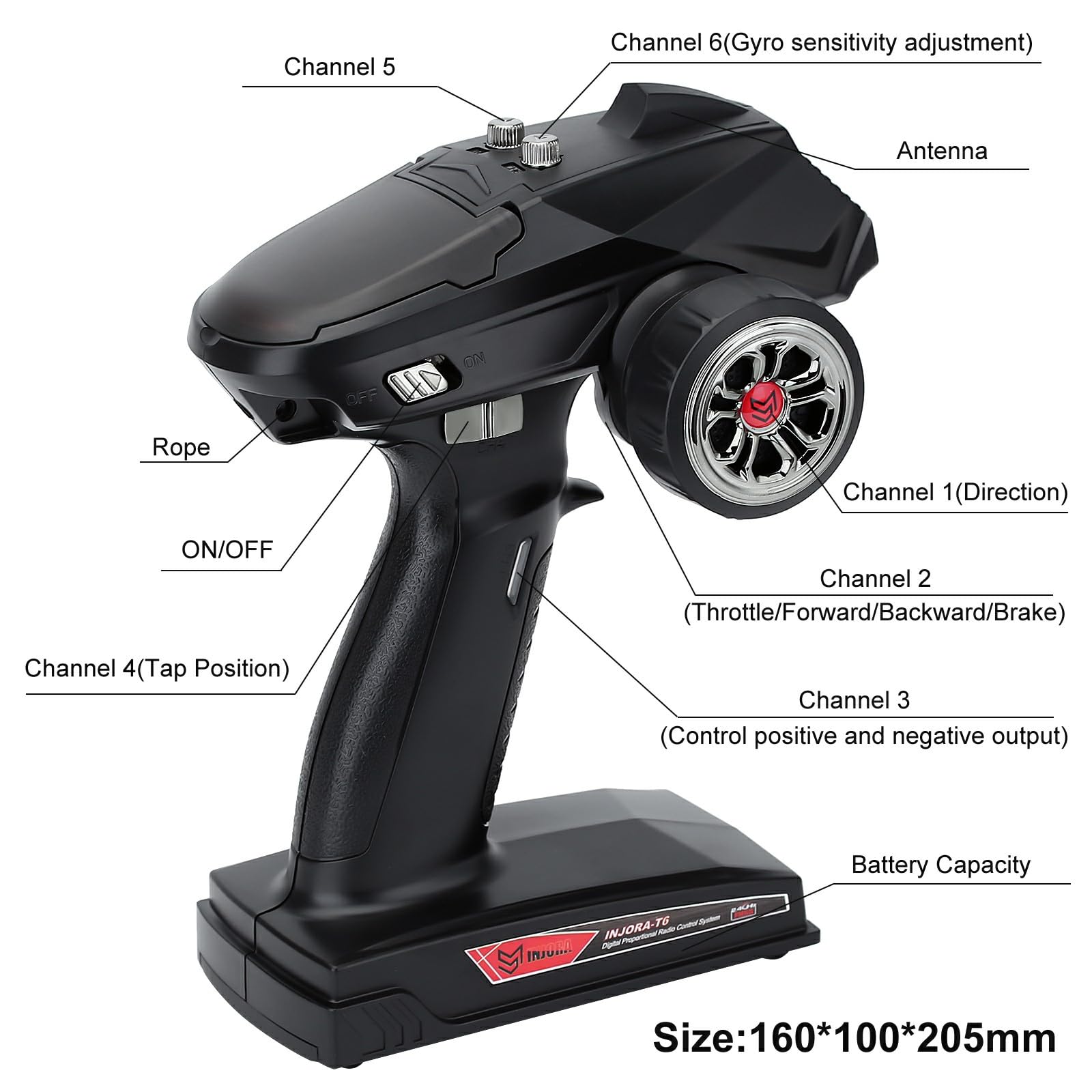 INJORA RC Transmitter 2.4GHz 6CH Controler and Receiver with Gyro Remote Inside Receiver for 1/8 1/10 RC Car Boat Tanks Crawler TRX4 SCX10 Upgrade Parts