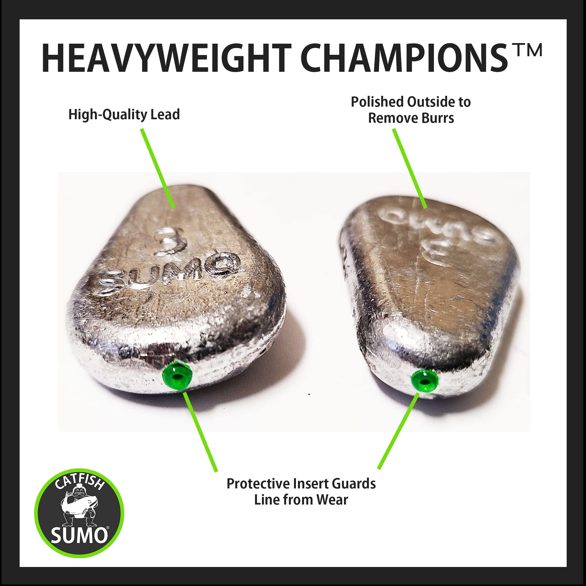 Catfish Sumo Flat No-Roll Lead Sinker Weights with Line-Protecting Inserts to Guard Against Damage in River (10-Pack, 3oz)