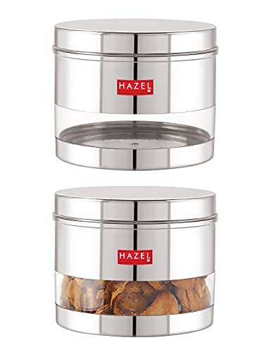 HAZEL Stainless Steel Containers Set For Kitchen Storage Glossy Finish Transparent See Through Storage Jars Dabba, Set of 2, 1500 ML Each, Silver