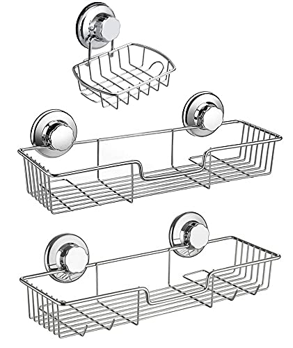 SANNO Suction Cups Shower Caddy Soap Dish Holder for Large Shampoo Shower Gel Holder Bathroom Storage Bath Organizer Kitchen Storage Basket for Shampoo, Conditioner, Soap- Rustproof Stainless Steel