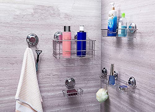 SANNO Suction Cups Shower Caddy Soap Dish Holder for Large Shampoo Shower Gel Holder Bathroom Storage Bath Organizer Kitchen Storage Basket for Shampoo, Conditioner, Soap- Rustproof Stainless Steel