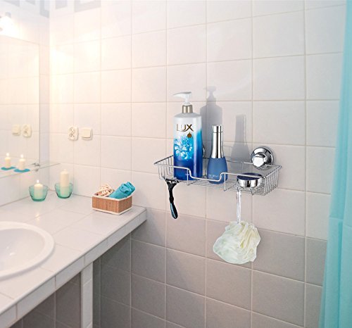 SANNO Suction Cups Shower Caddy Soap Dish Holder for Large Shampoo Shower Gel Holder Bathroom Storage Bath Organizer Kitchen Storage Basket for Shampoo, Conditioner, Soap- Rustproof Stainless Steel