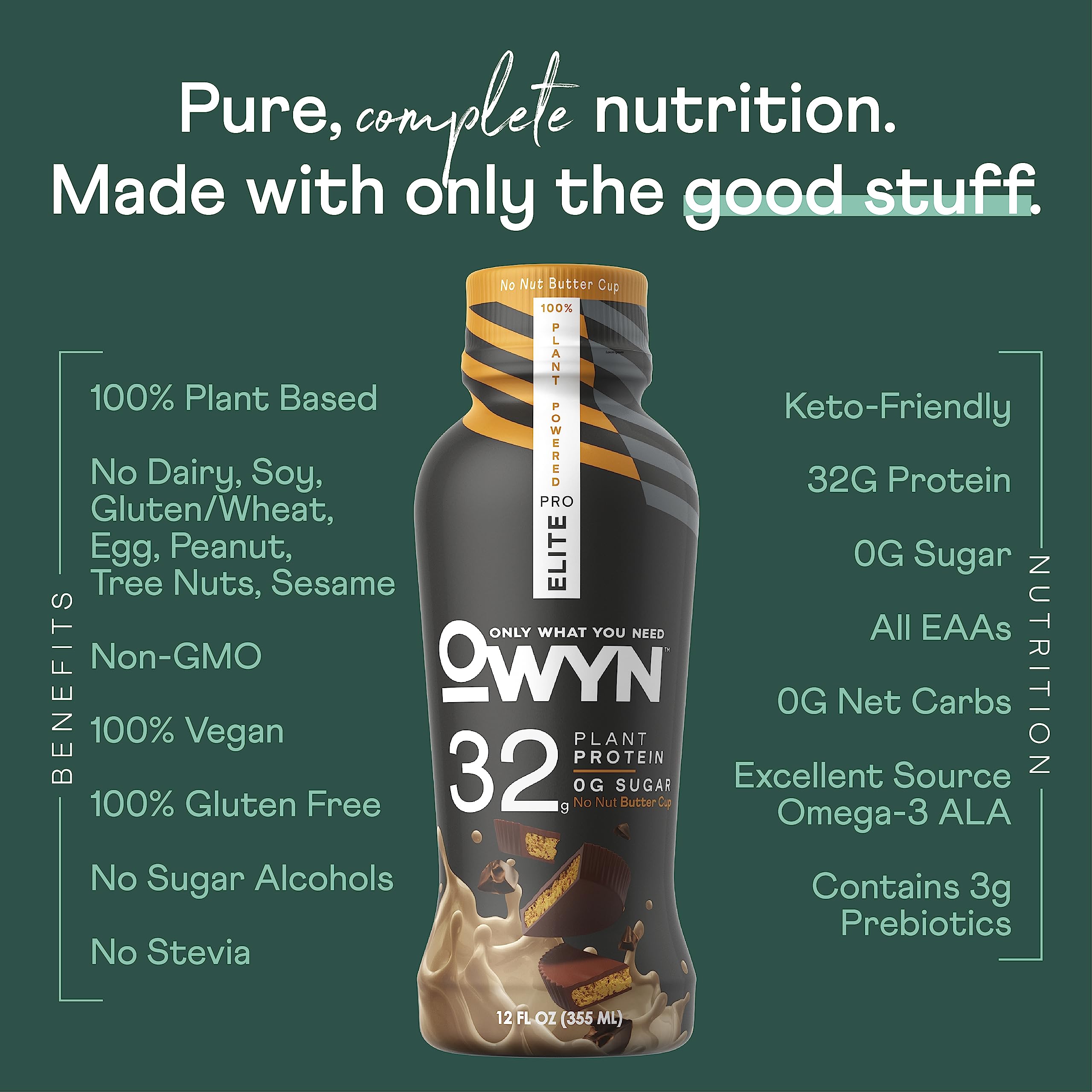 OWYN Only What You Need Pro Elite Vegan Plant Based High Protein Keto Shake, No Nut Butter Cup, Zero Sugar, 32g Protein, Omega-3, Prebiotics, Superfoods Greens for Workout and Recovery, 0g Net Carbs