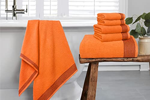 BELIZZI HOME 100% Cotton Ultra Soft 6 Pack Towel Set, Contains 2 Bath Towels 28x55 inchs, 2 Hand Towels 16x24 inchs & 2 Washcloths 12x12 inchs, Compact Lightweight & Highly Absorbant - Orange