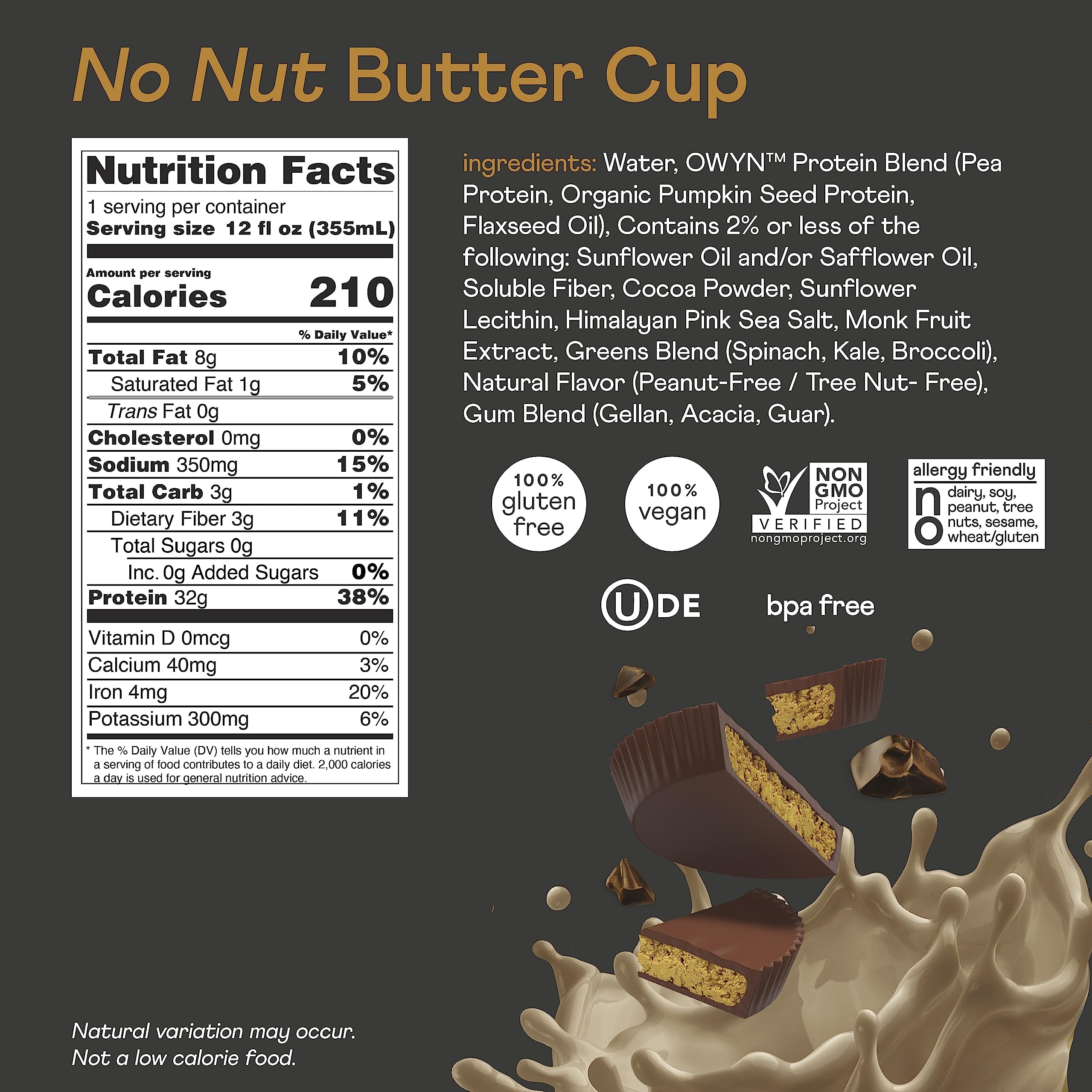 OWYN Only What You Need Pro Elite Vegan Plant Based High Protein Keto Shake, No Nut Butter Cup, Zero Sugar, 32g Protein, Omega-3, Prebiotics, Superfoods Greens for Workout and Recovery, 0g Net Carbs