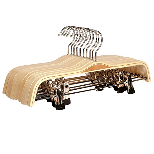 LOHASHOME 10-Pack Natural Finish Wooden Pant Hangers with Anti-Rust Hook and 2-Adjustable Clips