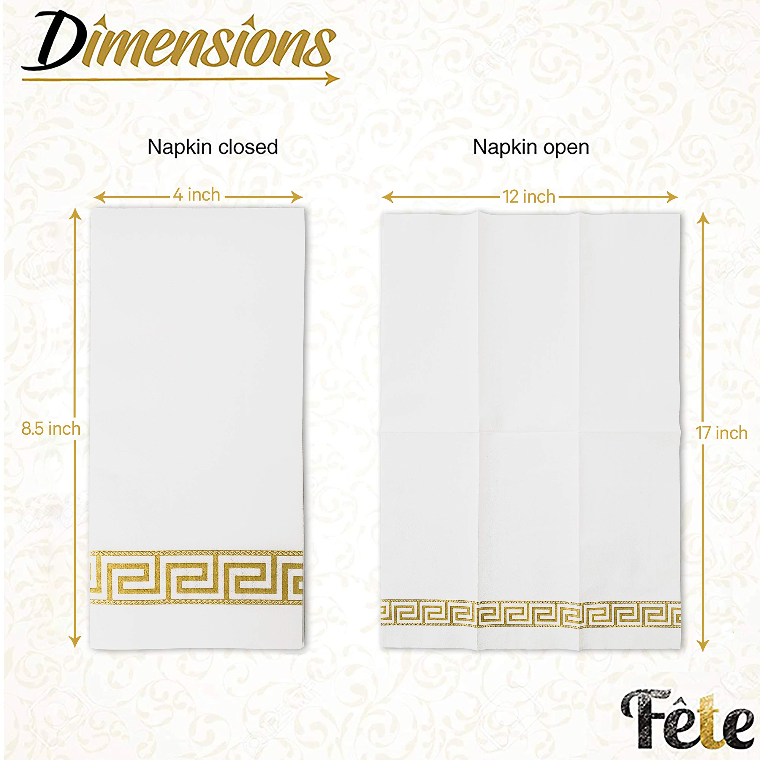 Decorative Hand Towels, Gold design 50 Disposable Linen-Feel Guest Towels – Formal Dinner, Anniversary, Wedding Napkins for Tables, Guestrooms, Restrooms, 8.5x4-Inches Folded, [Gold 50 Pack]