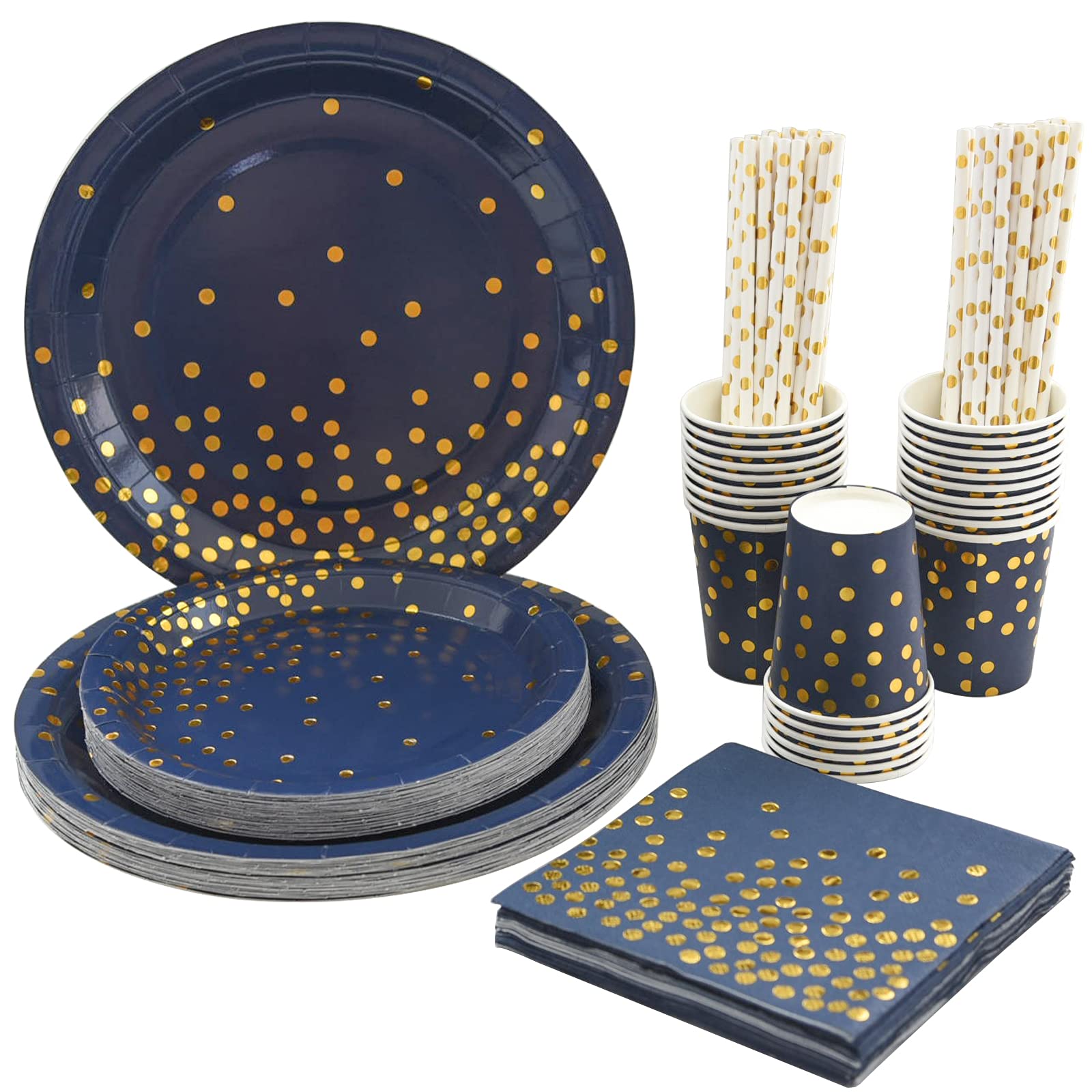 DGVR Blue and Gold Party Supplies Disposable Party Dinnerware Set 125PCS Dark Blue Paper Plates Napkins Cups Serve 25 for Graduation Birthday Party Wedding