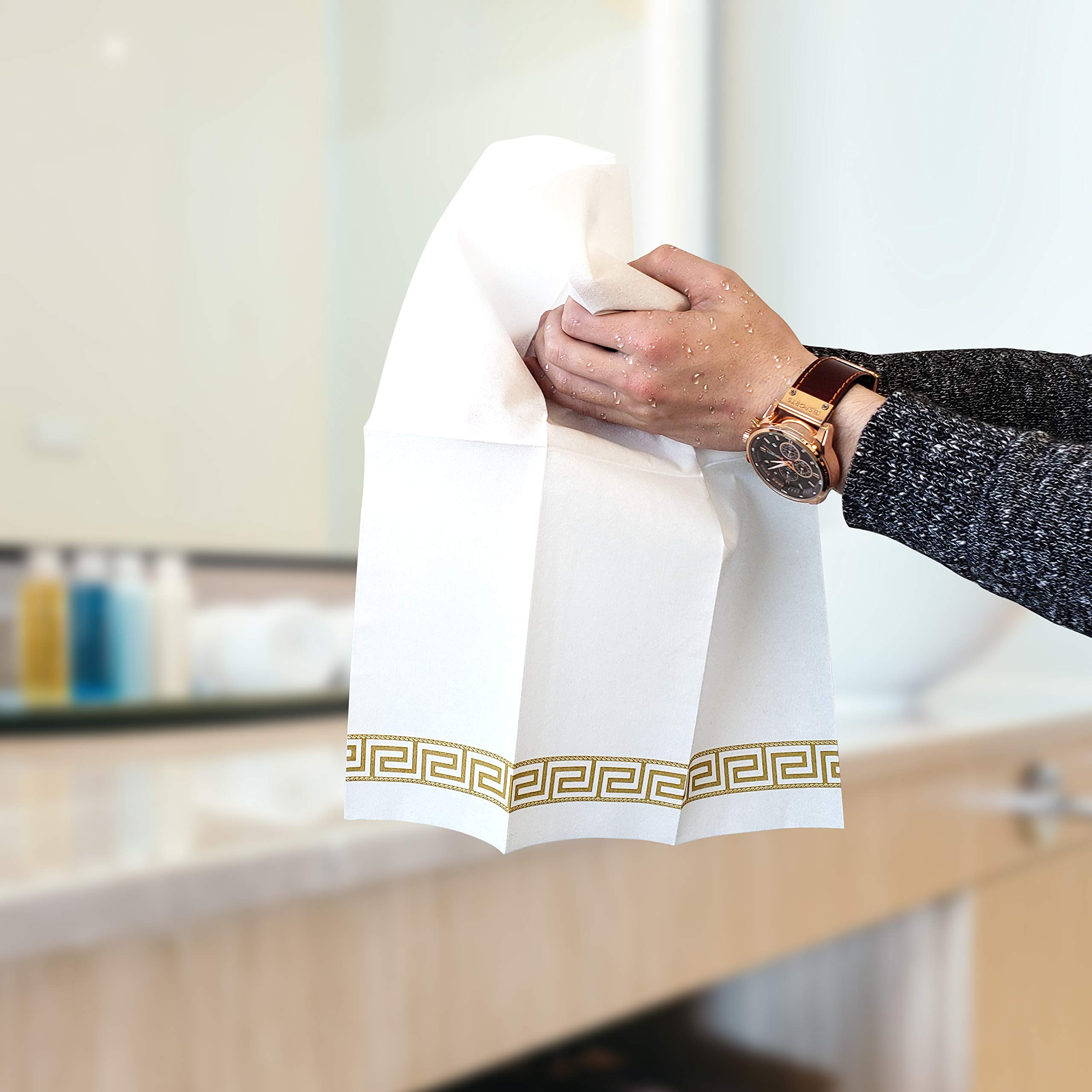 Decorative Hand Towels, Gold design 50 Disposable Linen-Feel Guest Towels – Formal Dinner, Anniversary, Wedding Napkins for Tables, Guestrooms, Restrooms, 8.5x4-Inches Folded, [Gold 50 Pack]
