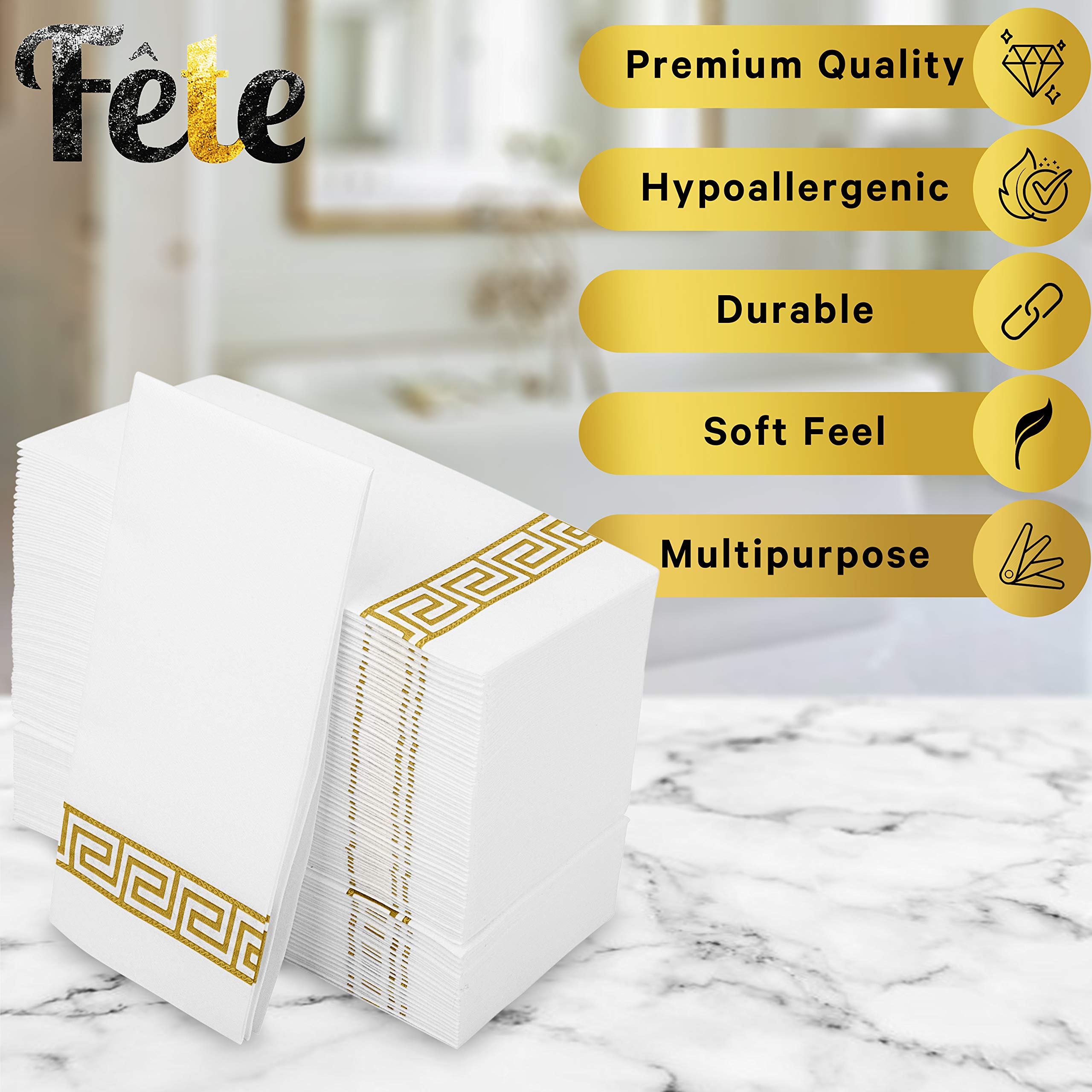 Decorative Hand Towels, Gold design 50 Disposable Linen-Feel Guest Towels – Formal Dinner, Anniversary, Wedding Napkins for Tables, Guestrooms, Restrooms, 8.5x4-Inches Folded, [Gold 50 Pack]