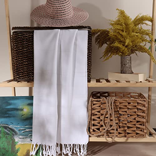 Puskul - Bulk Bachelorette Party Towels Pack of 10-100% Cotton Turkish Beach Towels for Bridesmaid Gift - Pre Washed, Soft, Lightweight, Oversized Peshtemal Wrap (White)