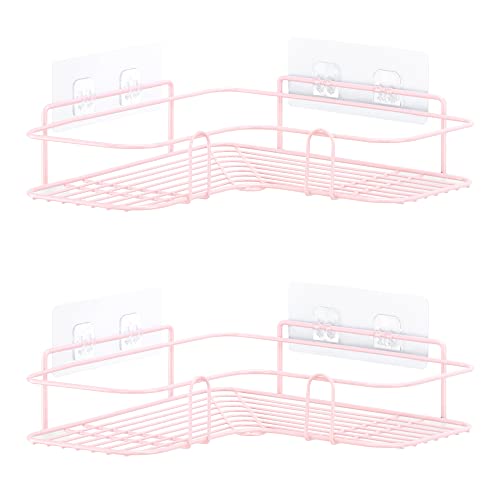 Navaris Self Adhesive Shower Caddy - Set of 2 Bathroom Organizer Shelves for Corner Wall of Bath - Toiletry Shampoo Storage Rack Holder - Pink