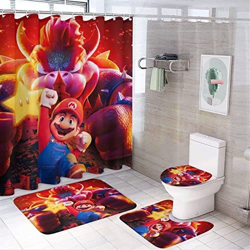 FFIS Anime Super 𝐌.𝐚𝐫𝐢𝐨 𝐁.𝐫𝐨𝐬 Movie.Bathroom Shower Curtain Set, 4 Piece Bathroom with Waterproof Shower Curtain and Non Slip Shower Mat & Toilet Lid Cover Mat U Carpet