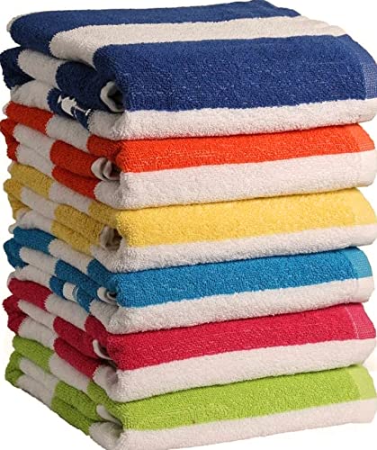 QUBA Linen - 100% Cotton Bath Towel, Pack of 6, Cabana Stripe Beach Towels, Large Pool Towels (30" x 60”), Highly Absorbent, Light Weight, Soft and Quick Dry Swim Towels, for Parties, Guests