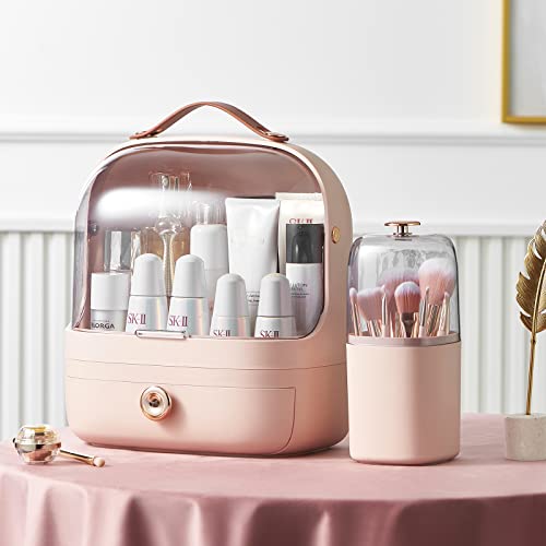 MIUOPUR Large Makeup Organizer with Brush Holder, Cosmetic Display Case with Drawer, Waterproof and Dustproof Transparent Cover, Portable Handle, Suitable for Bathroom and Bedroom -Pink