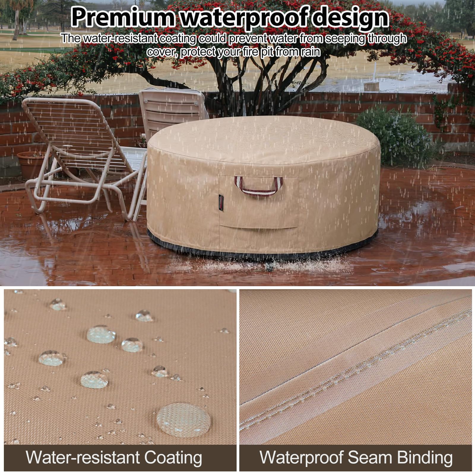 Fire Pit Cover Round - 29-32 Inch Heavy Duty 900D Strong Tear-Resistant and UV Resistant and Waterproof and Fading Resistant Material Polyester Firepit Covers Round for Outdoor Fire Pit - Wheat