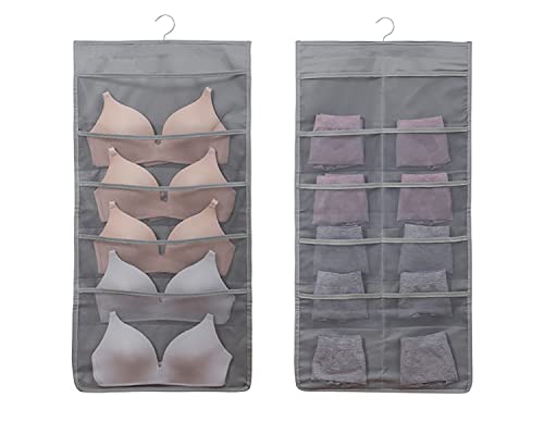 Dual Sided Wall Closet Hanging Organizer Storage with 5+10/12+18 Mesh Pockets for Underwear Bra Underpants Socks with Metal Hook Wardrobe Storage Bags Oxford Cloth Space Saver (Grey 5+10 2 Pack)