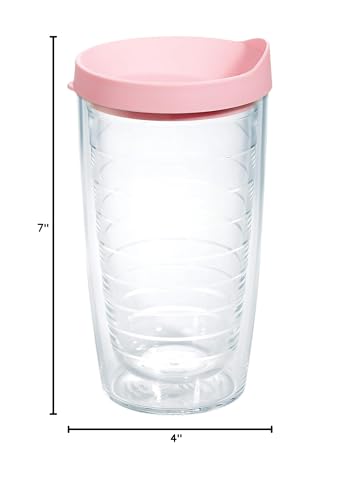 Tervis Clear & Colorful Lidded Made in USA Double Walled Insulated Tumbler Travel Cup Keeps Drinks Cold & Hot, 16oz, Pink Lid