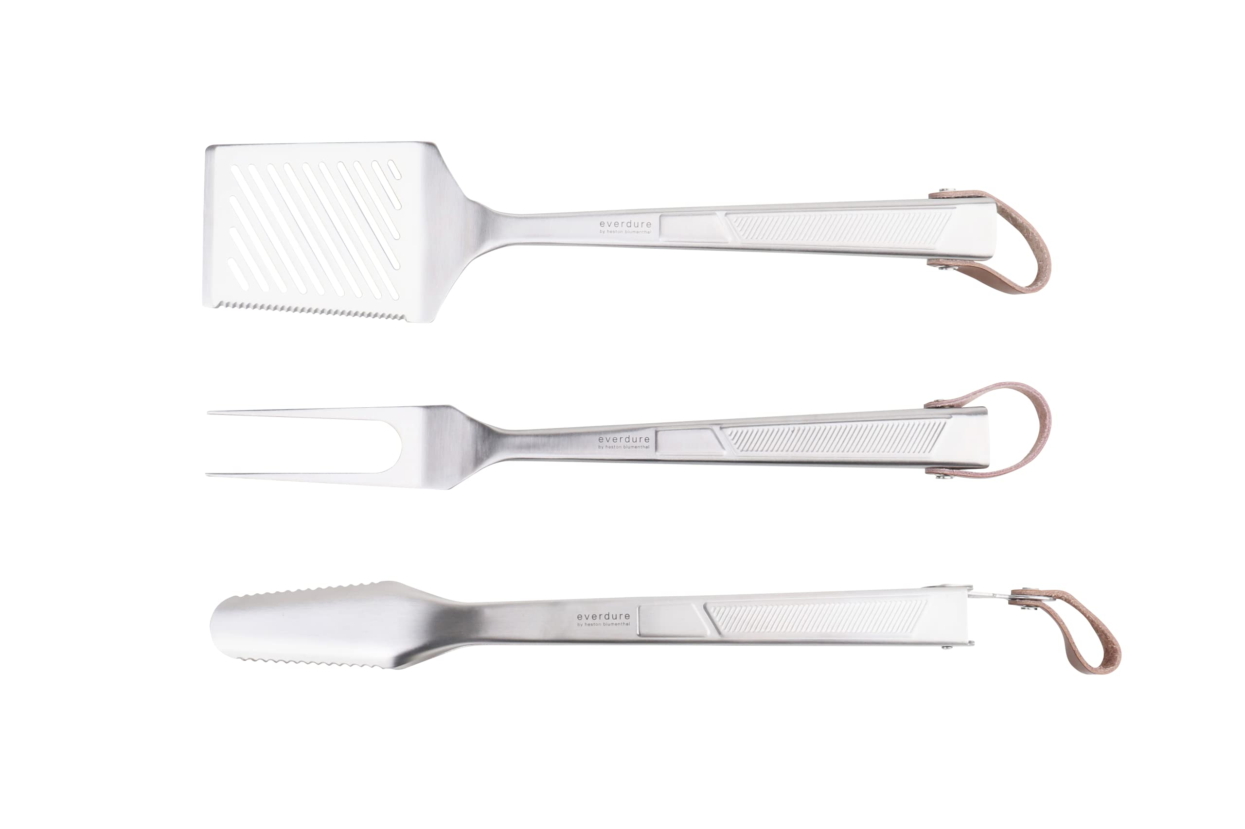 Everdure BBQ Tool Kit - 3 Pack, Brushed Stainless Steel Tongs, Spatula and Fork with Soft Grip Handles and Leather Straps, Barbeque Grill Accessories and Cooking Utensils Set