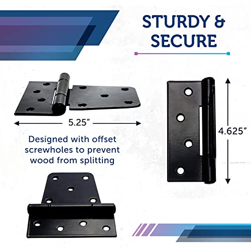 Heavy Duty Hinges for Gates (4 Pack) β Black Iron Tee Strap Black Door Hinges w/ 36 Stainless Steel Screws β Sturdy, Easy to Install Fence Gate Kit for Outdoor, Indoor - Self Closing Gate Hinges