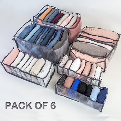 PACKLINER - Pack of 6 Wardrobe Clothes Organizer (Grey) - Foldable Clothes Organizer - An Ideal Washable Drawer Organizers for Clothing Mesh Clothes, Jeans, T-Shirts & Much More