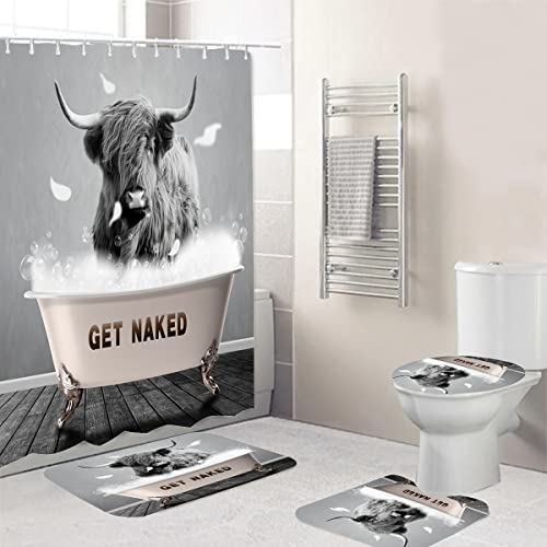NEWSWELL 4pcs Bathroom Set Highland Cow Bull Shower Curtain 70.8 X 70.8Inch, Get Naked Grey Western Farmhouse with Blanket and Toilet Cover Bath Mat,Polyester Fabric Waterproof 12 Pack Plastic Hooks