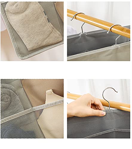 Dual Sided Wall Closet Hanging Organizer Storage with 5+10/12+18 Mesh Pockets for Underwear Bra Underpants Socks with Metal Hook Wardrobe Storage Bags Oxford Cloth Space Saver (Grey 5+10 2 Pack)