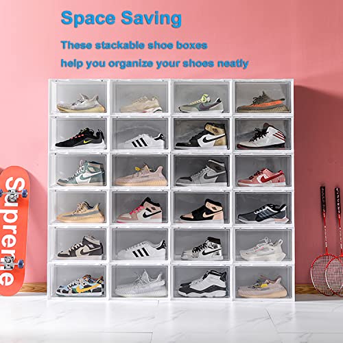 Augctoer Shoe Storage Boxes, Clear Plastic Shoe Boxes, Shoe Storage Boxes Stackable, Shoe Organizer Containers with Lids, Magnetic Door, Shoe Organizer for Closet, Bedroom, Bathroom (White)