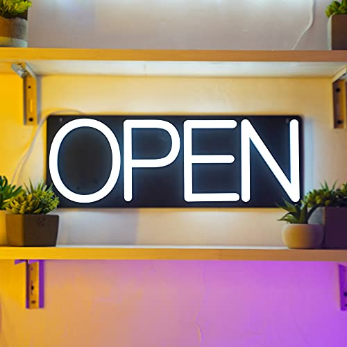 HiNeon White Neon Open Sign 20inx7in LED Open Sign w/Remote Controller, Electric Light Up Open Sign for Business Store, w/Hanging Chain for Shop Windows, Direct Plug-In w/ 12V Power Adapter