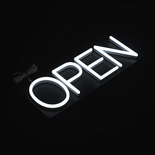 HiNeon White Neon Open Sign 20inx7in LED Open Sign w/Remote Controller, Electric Light Up Open Sign for Business Store, w/Hanging Chain for Shop Windows, Direct Plug-In w/ 12V Power Adapter