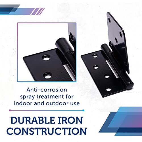 Heavy Duty Hinges for Gates (4 Pack) β Black Iron Tee Strap Black Door Hinges w/ 36 Stainless Steel Screws β Sturdy, Easy to Install Fence Gate Kit for Outdoor, Indoor - Self Closing Gate Hinges