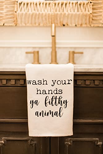 Moonlight Makers Soft Cotton Waffle Design Hand Towel, Bathroom/Kitchen Farmhouse Decor, Cute Gift, BOHO, Stocking Stuffer (Wash Ya Hands Ya Filthy Animal)