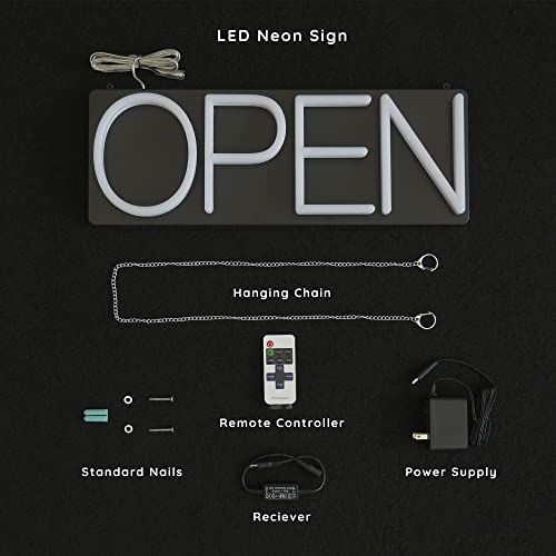HiNeon White Neon Open Sign 20inx7in LED Open Sign w/Remote Controller, Electric Light Up Open Sign for Business Store, w/Hanging Chain for Shop Windows, Direct Plug-In w/ 12V Power Adapter